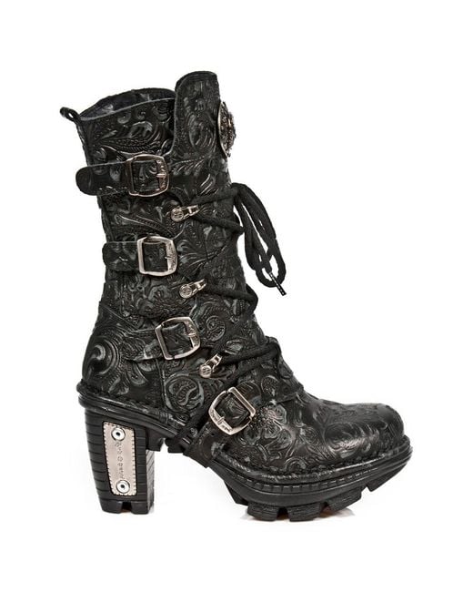 New Rock Neotr005-S25 Floral Leather Boots in Black | Lyst
