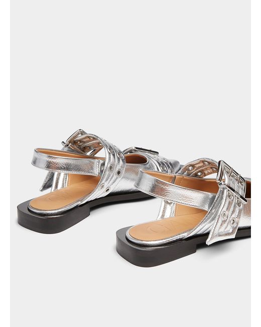 Ganni Silver Buckled And Grommets Slingback Ballet Flats Women in White ...