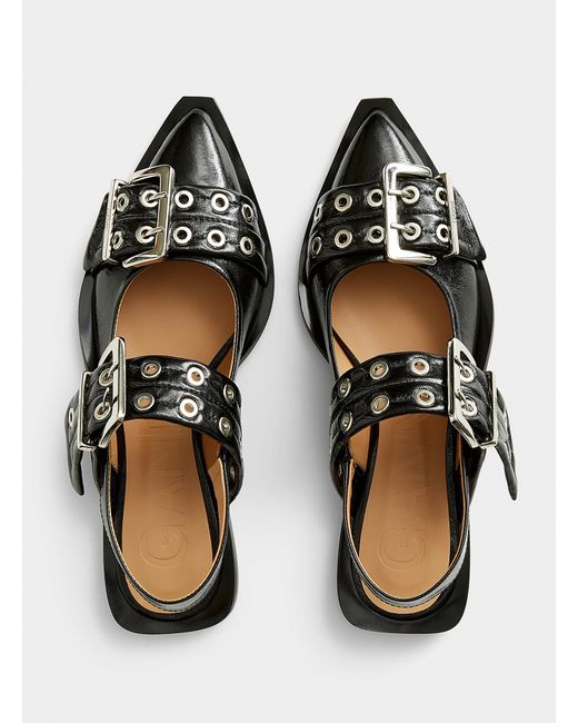 Ganni Black Buckled And Grommets Slingback Ballet Flats Women | Lyst