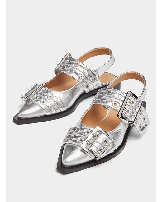 Ganni Silver Buckled And Grommets Slingback Ballet Flats Women in White ...