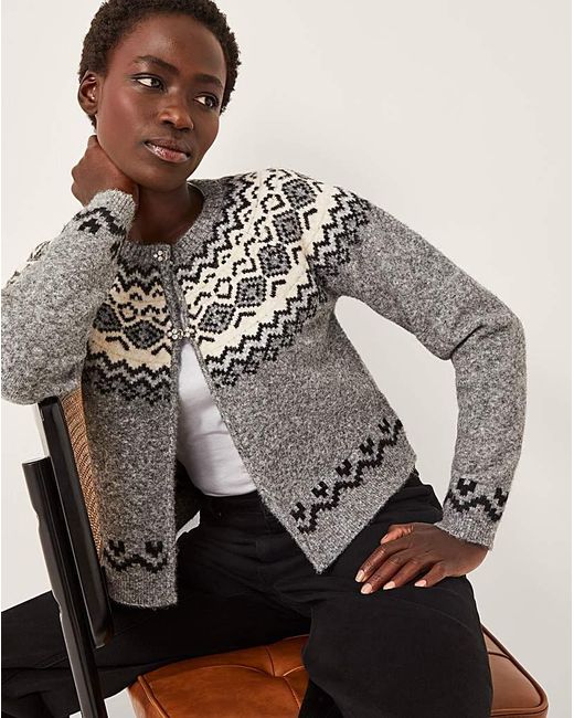 Monsoon Fina Fair Isle Cardigan in Grey | Lyst UK