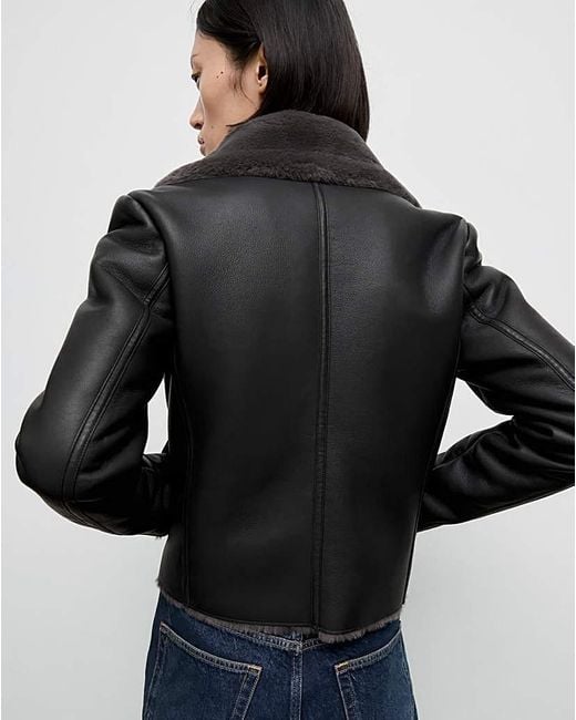 Mango Faux Leather Fur Trim Jacket in Black | Lyst UK