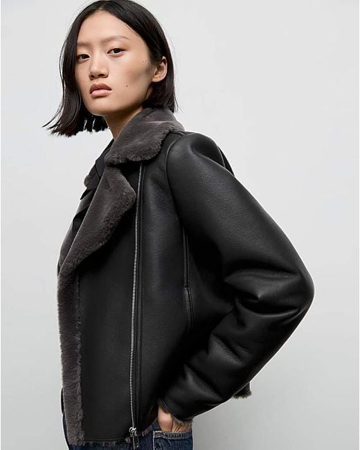 Mango Faux Leather Fur Trim Jacket in Black | Lyst UK