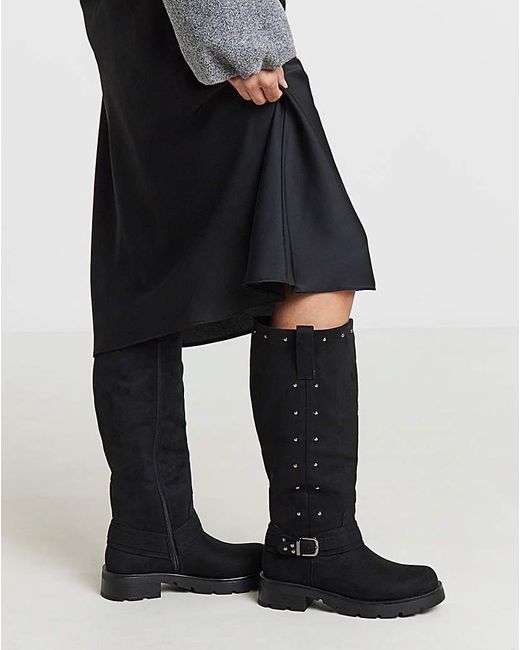 Simply Be Studded Biker Boots Wide Curvy in Black | Lyst UK