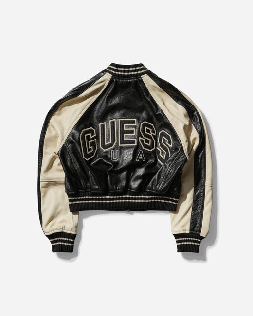 Guess Leather Varsity Jacket Jet in Black | Lyst