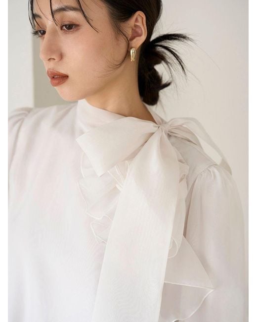 SNIDEL Sustainable Ruffle Ribbon Organza Blouse in White | Lyst