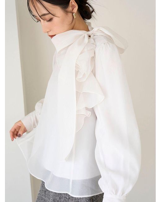 SNIDEL Sustainable Ruffle Ribbon Organza Blouse in White | Lyst