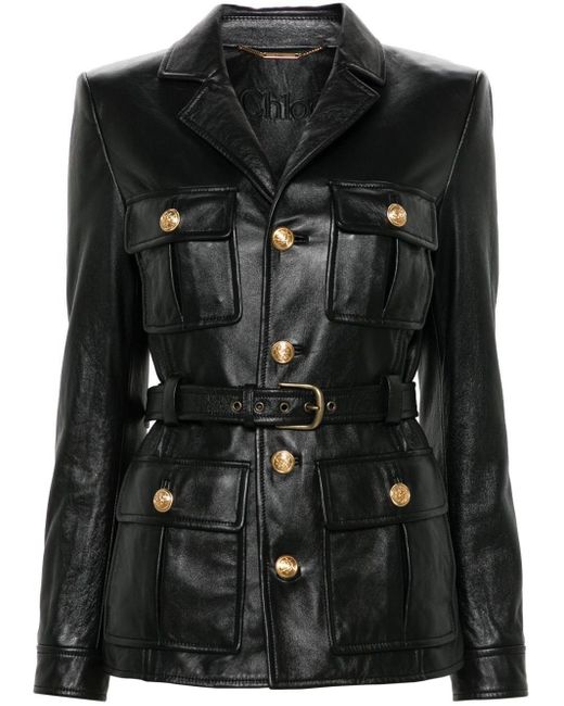 Chloé Belted Leather Jacket in Black | Lyst