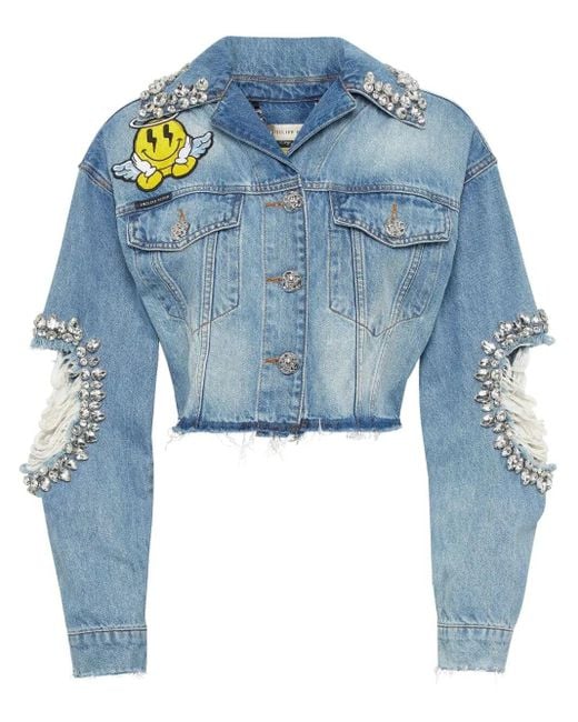 Philipp Plein Denim Cropped Smile Jacket in Blue | Lyst