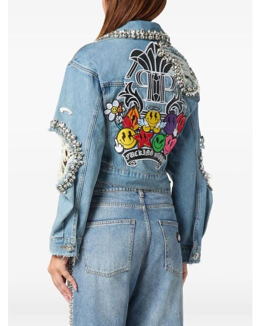 Philipp Plein Denim Cropped Smile Jacket in Blue | Lyst