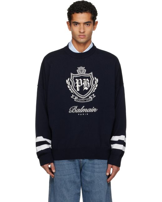 Balmain College Emblem Knit Sweater in Blue for Men | Lyst UK