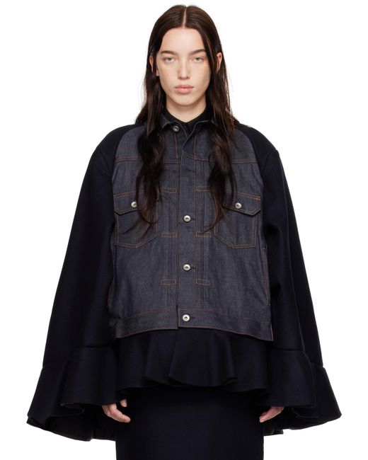 Sacai Wool Melton & Denim Cape Jacket in Black | Lyst