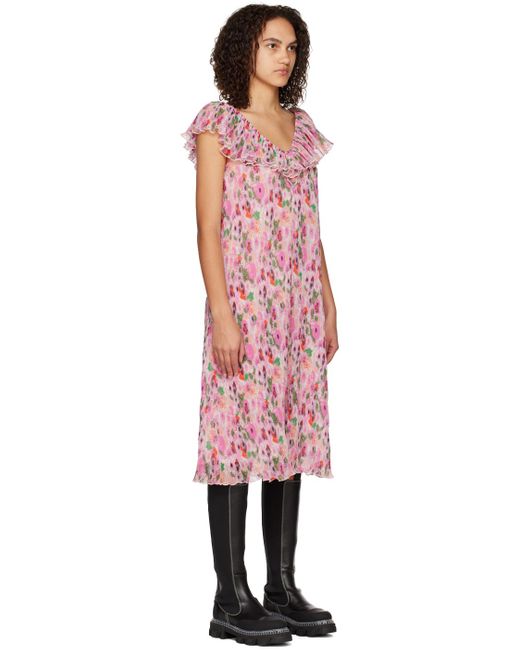 Ganni Pink Floral Midi Dress in Red | Lyst