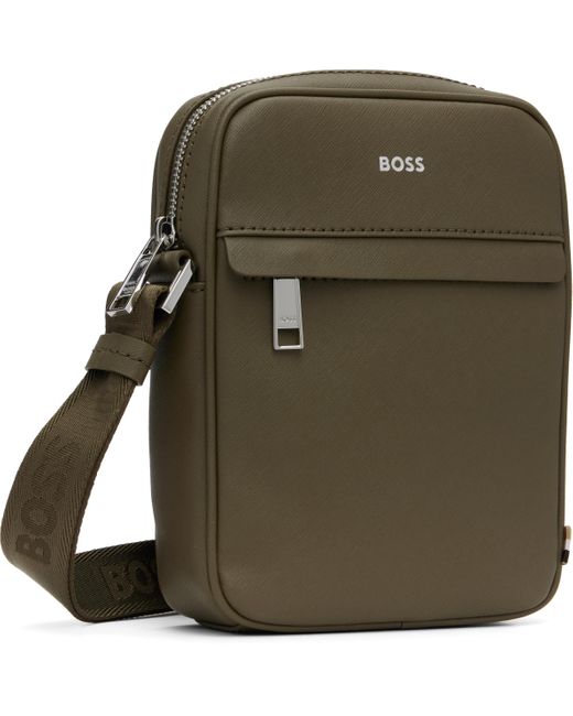BOSS Khaki Signature Stripe Logo Detail Reporter Bag in Green for Men ...