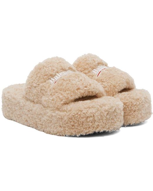 Balenciaga Beige Furry Platform Slides in Black | Lyst
