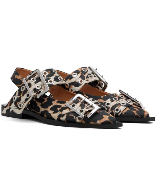 Ganni Leopard Satin Buckle Ballerina Flats in Black | Lyst