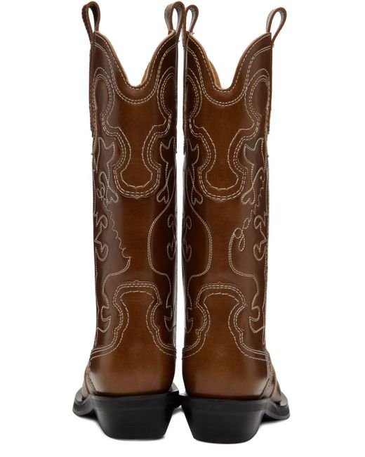 Ganni Brown Mid Shaft Embroidered Western Boots | Lyst
