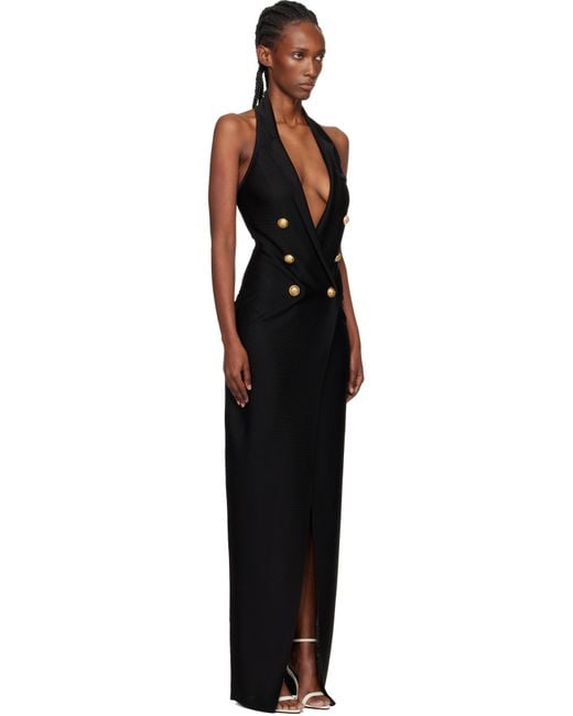 Balmain Halter Neck Knit Maxi Dress in Black | Lyst UK