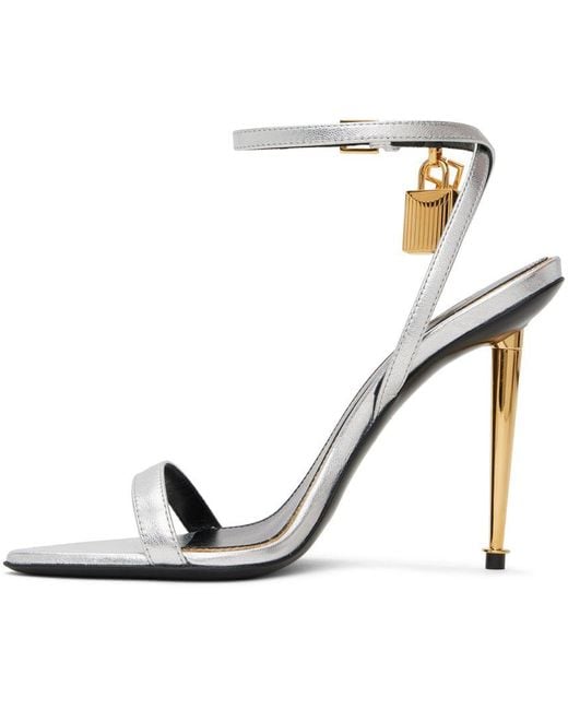 Tom Ford Silver Padlock Pointy Naked Heeled Sandals in Metallic | Lyst