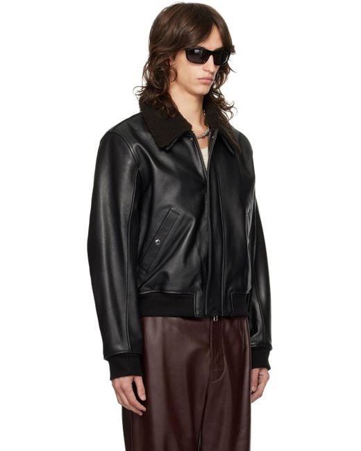 Tonywack Shearling Collar Leather Bomber Jacket in Black for Men | Lyst