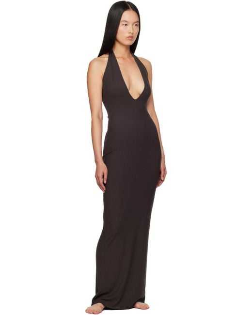 Skims Soft Lounge Deep Plunge Halter Maxi Dress in Black | Lyst