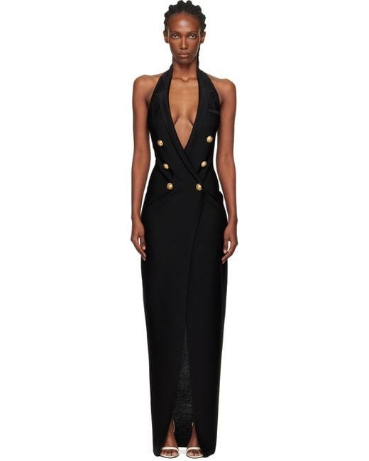 Balmain Halter Neck Knit Maxi Dress in Black | Lyst UK