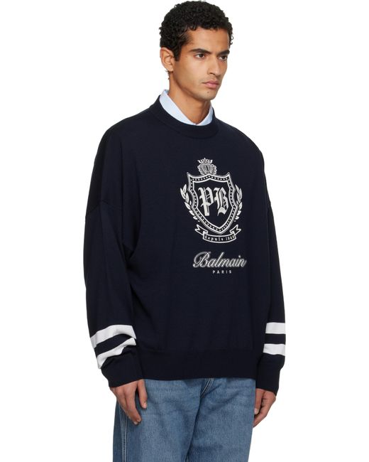Balmain College Emblem Knit Sweater in Blue for Men | Lyst UK
