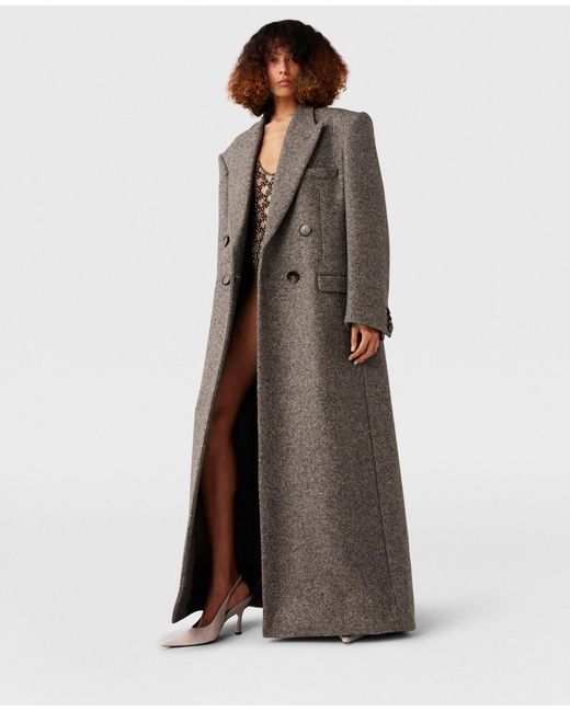 Stella McCartney Double Breasted Tweed Long Coat in Gray | Lyst