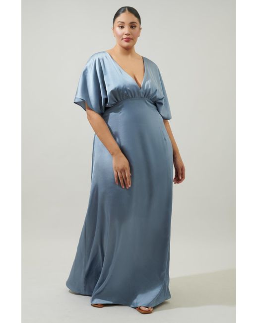 Sugarlips Darling Flutter Sleeve Cut Out Satin Maxi Dress Curve In Blue