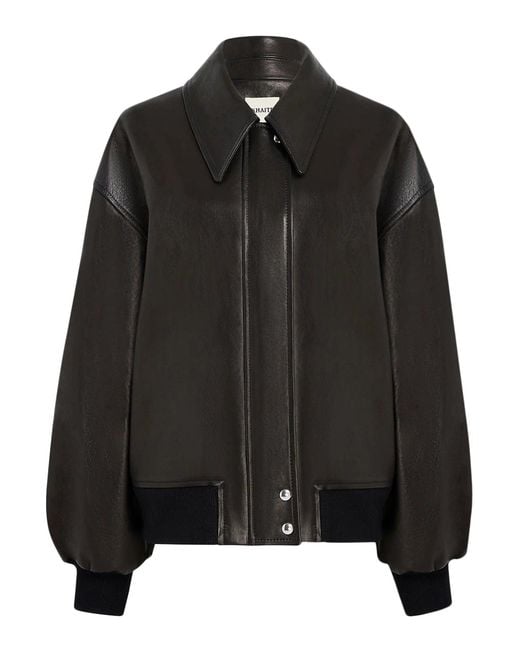 KHAITE Shelman Leather Bomber Jacket With Wide Neck in Black | Lyst UK