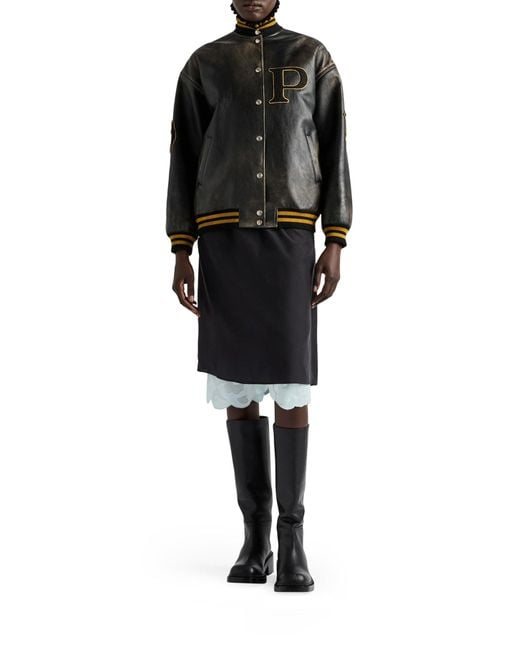 Prada Leather Bomber Jacket With Patch in Black | Lyst UK