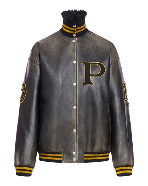 Prada Leather Bomber Jacket With Patch in Black | Lyst UK