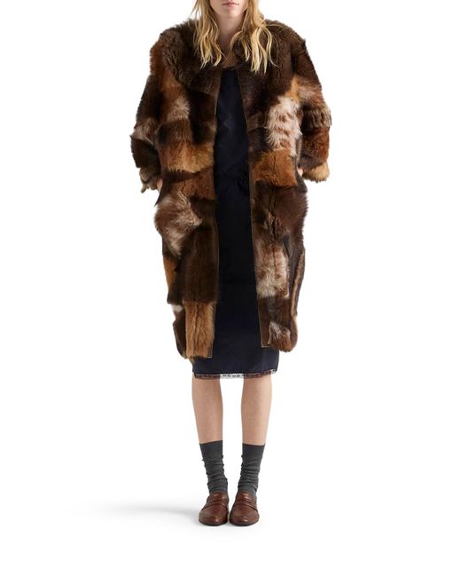 Prada Patchwork Sheepskin Coat in Brown | Lyst UK