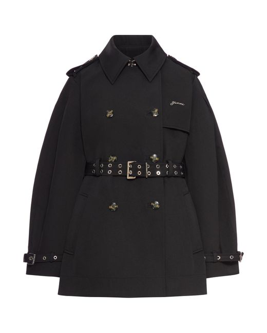Ganni Twill Trench in Black | Lyst