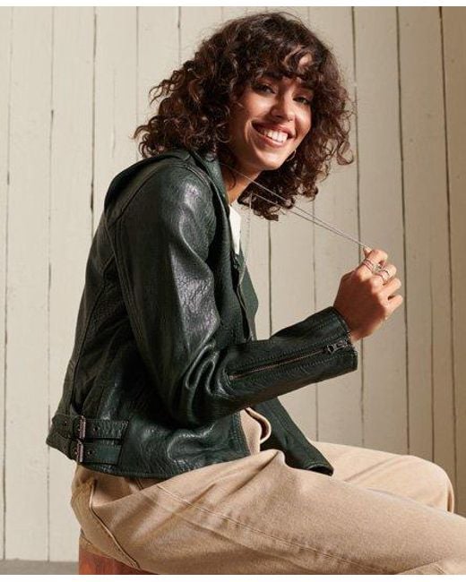 Superdry Classic Leather Biker Jacket Baluchi Vert in Green | Lyst