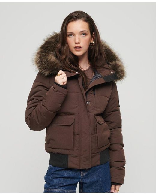 Superdry Hooded Everest Puffer Bomber Jacket Brown | Lyst