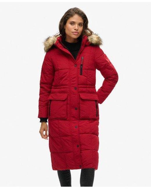 Superdry Longline Faux Fur Everest Coat in Red | Lyst