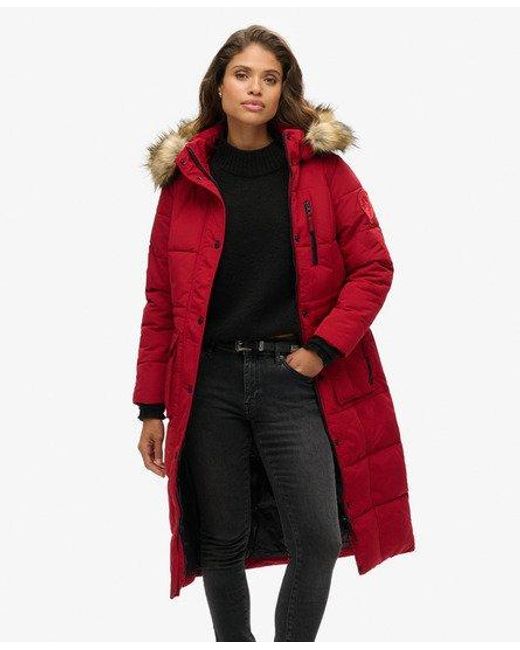 Superdry Slim Fit Longline Faux Fur Everest Coat in Red | Lyst