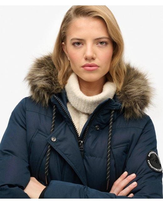 Superdry Everest Microfibre Mid Faux Fur Puffer Jacket in Blue | Lyst