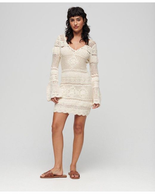 Superdry Crochet Flared Sleeve Mini Dress In Natural Lyst