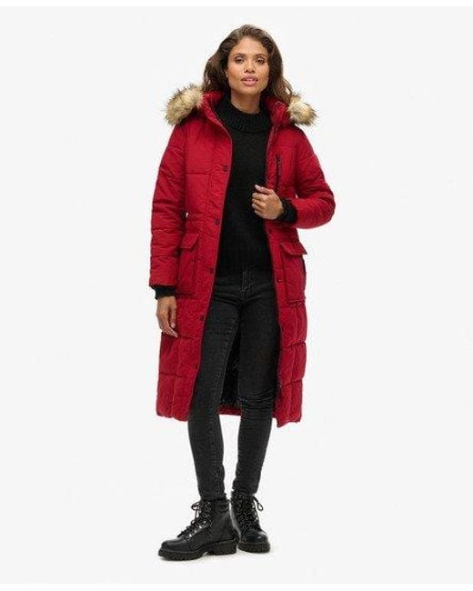 Superdry Longline Faux Fur Everest Coat in Red | Lyst