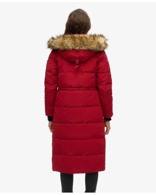 Superdry Longline Faux Fur Everest Coat in Red | Lyst