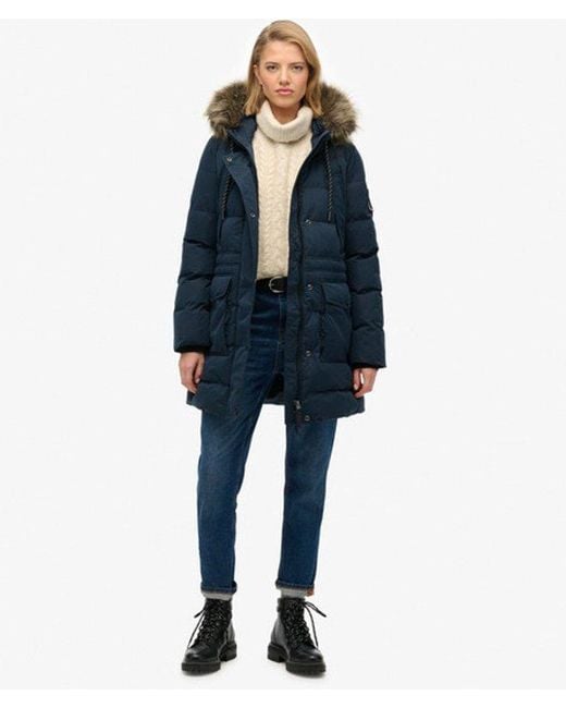 Superdry Everest Microfibre Mid Faux Fur Puffer Jacket in Blue | Lyst