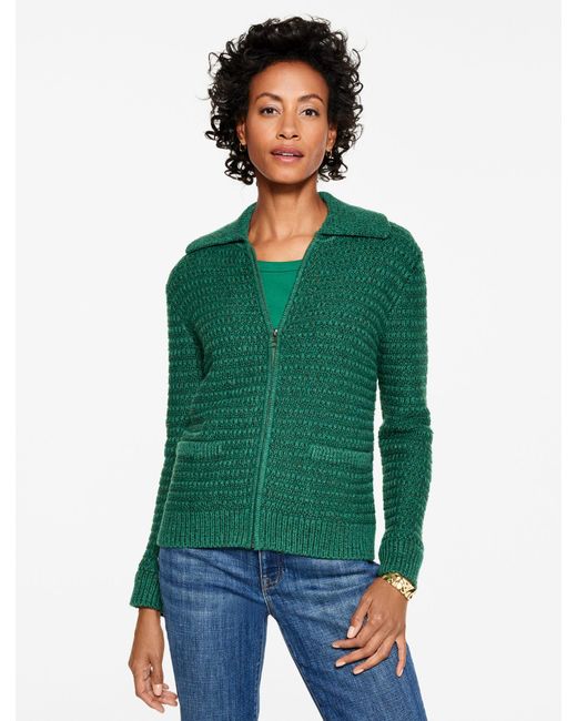 Talbots Tweed Bomber Cardigan Sweater in Green | Lyst UK