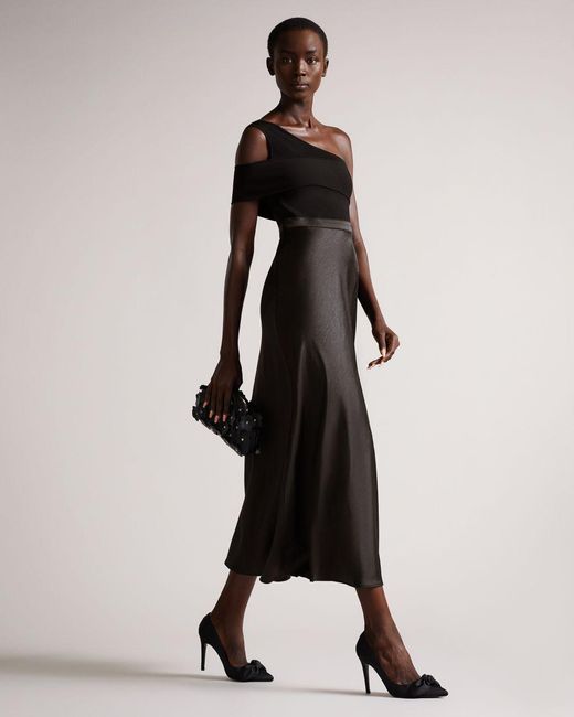 Ted Baker Asymmetric Knit Bodice Dress With Satin Skirt In Black Lyst