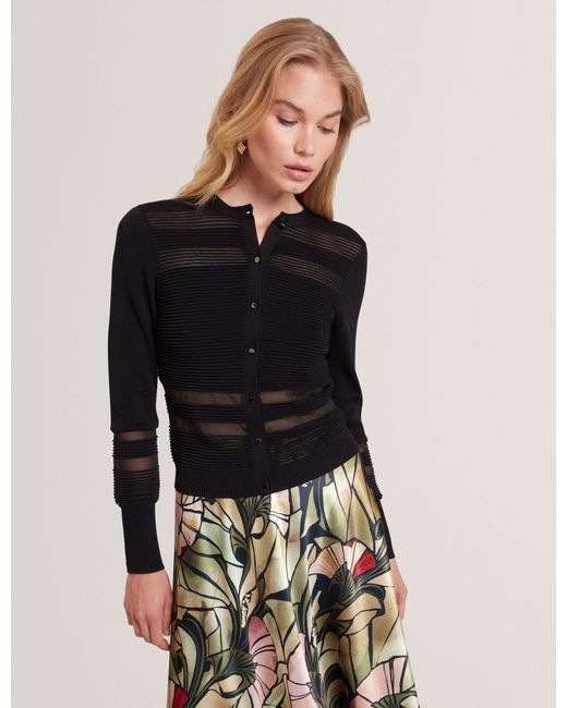 Ted Baker Calyaa Sheer Panel Knit Slim Fit Cardigan in Black | Lyst UK