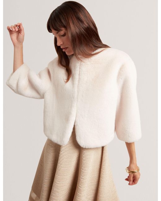 Ted Baker Primmra Faux Fur Open Cropped Jacket in Natural | Lyst UK