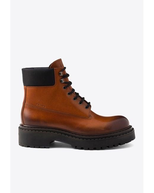Prada Lace-Up Italian Leather Work Boots in Brown for Men | Lyst