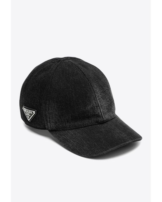 Prada Triangle Logo Washed Canvas Baseball Cap in Black for Men | Lyst