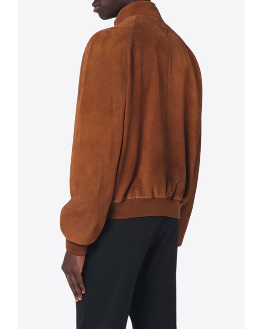 Prada Triangle Logo Suede Bomber Jacket in Brown for Men | Lyst